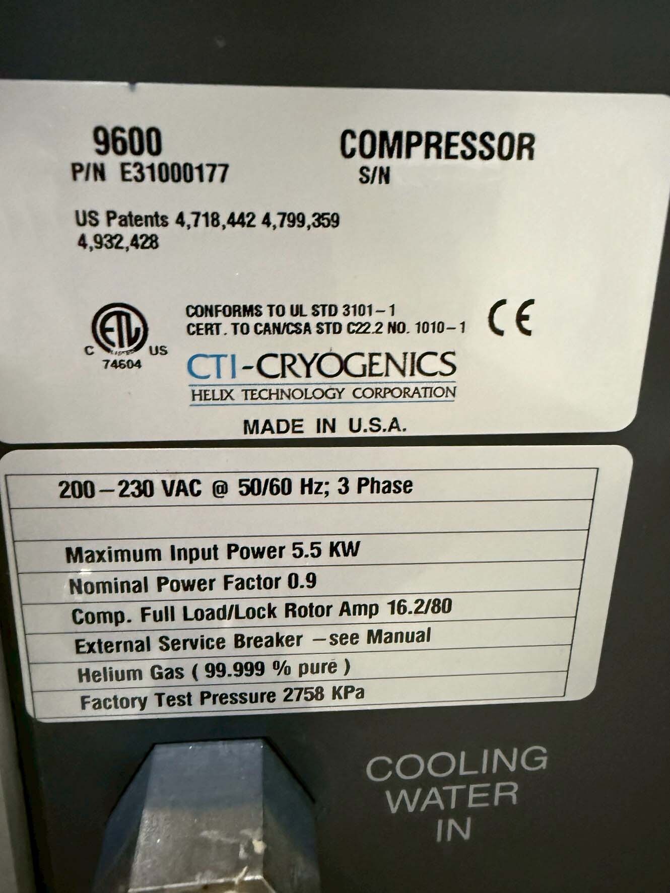 CTI-CRYOGENICS 9600 幫浦 用於銷售價格 #293807036 > 從 CAE 購買