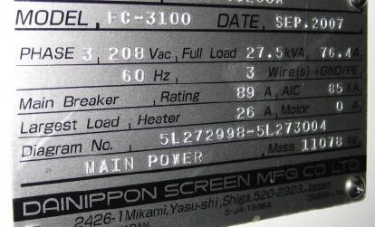 DNS / DAINIPPON FC-3100 湿式制程设备 用于销售价格 #78944 > 从 CAE 购买