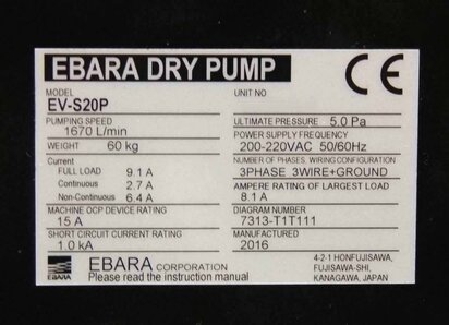 EBARA EV-S20P 펌프 판매 가격 #293705490에 사용됨 > CAE에서 구매