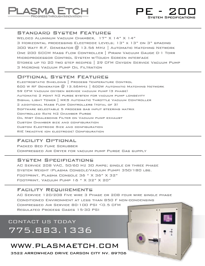 PLASMA ETCH PE-200 蝕刻機/ 光阻清洗機 用於銷售價格 #9035302, 2011 > 從 CAE 購買