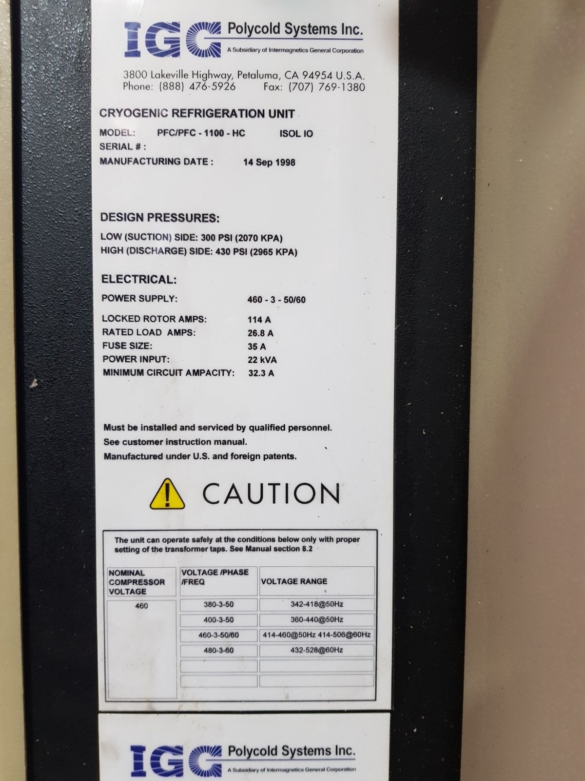 POLYCOLD PFC 1100 HC 칠러 판매 가격 #9214735, 1998에 사용됨 > CAE에서 구매