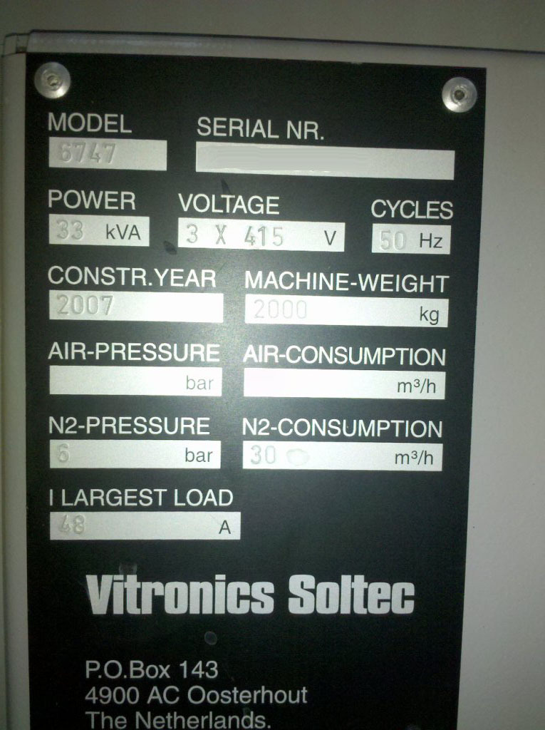 VITRONICS SOLTEC 6747 PCB 납땜 기계 판매 가격 #141599, 2007에 사용됨 > CAE에서 구매